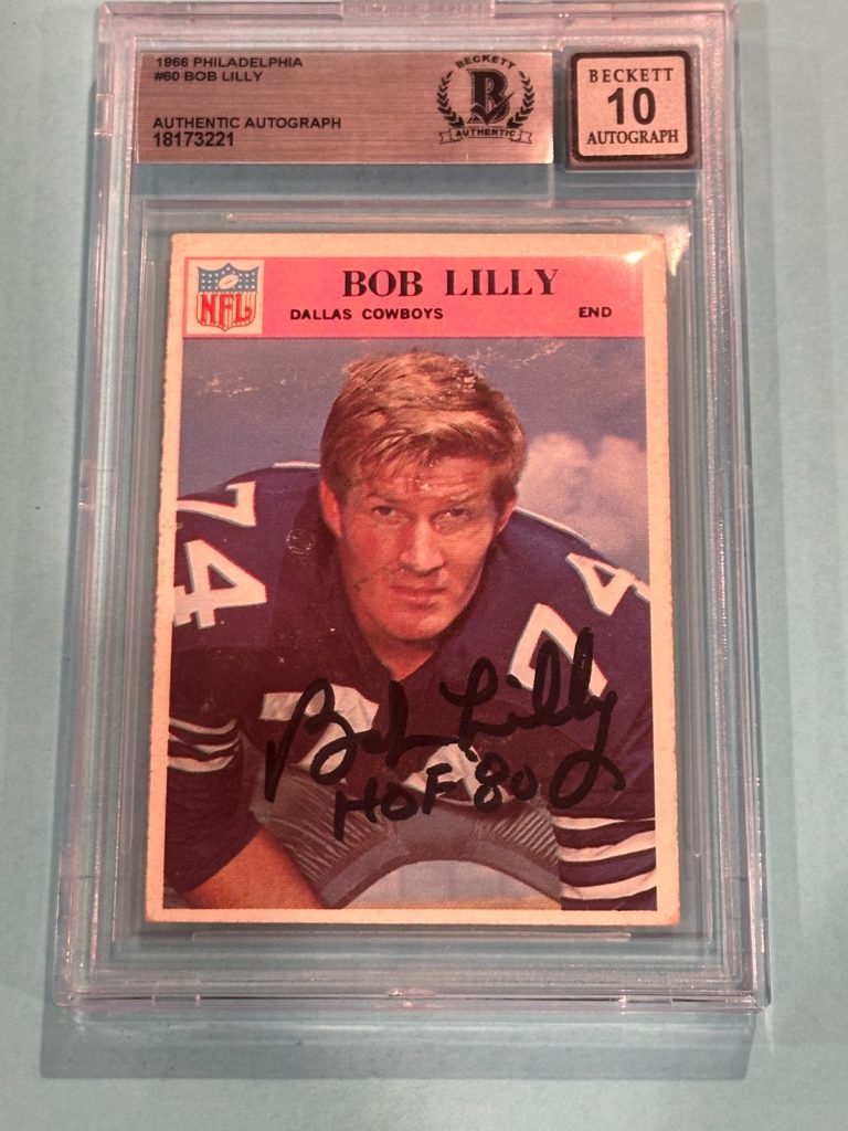 BOB LILLY Signed 1966 PHILADELPHIA Card #60 Beckett BAS w/ HOF Inscrip ...