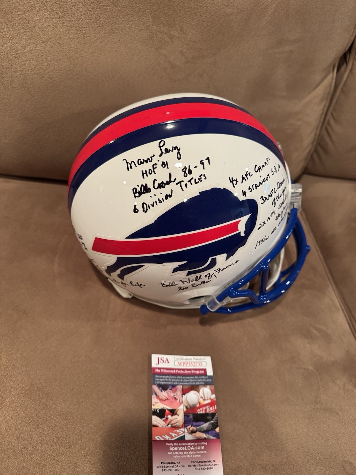 RARE MARV LEVY SIGNED BUFFALO BILLS F/S STAT HELMET JSA 15 INSCRIPTIONS ...