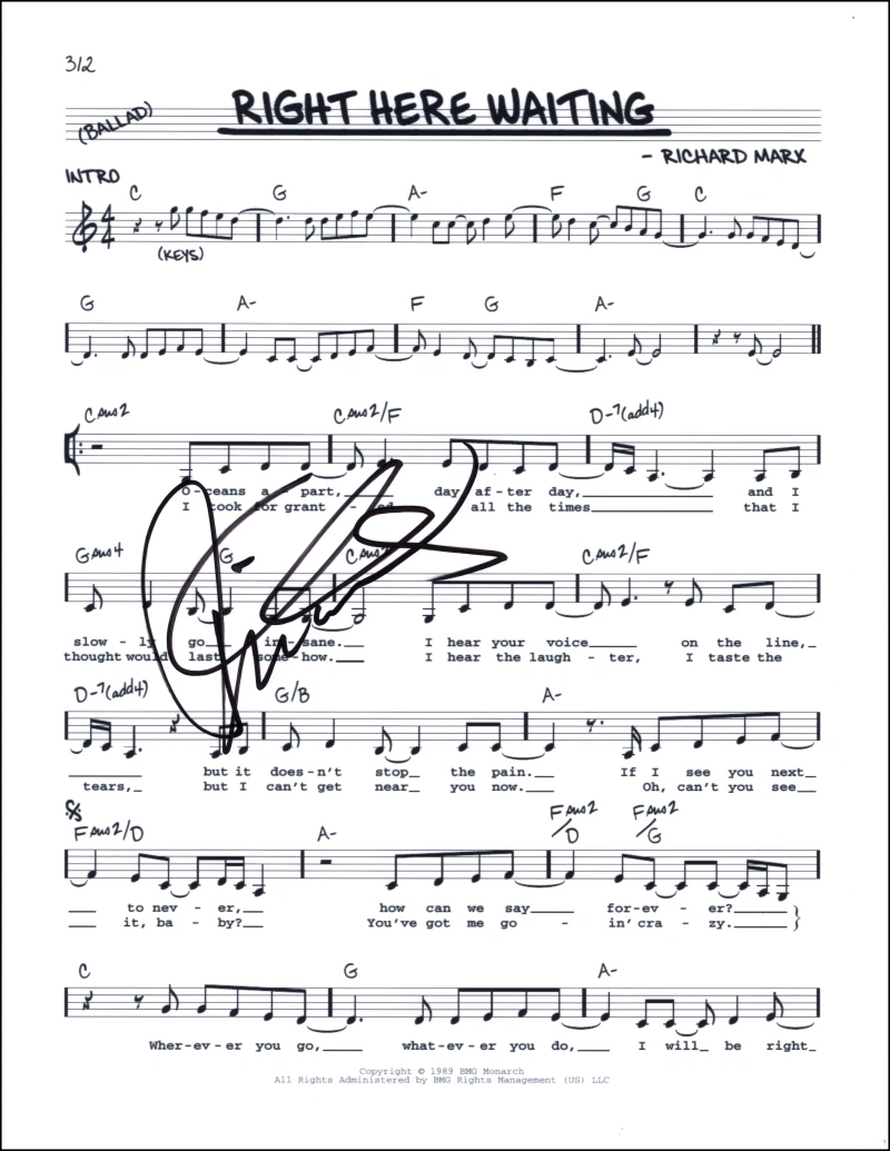 Richard Marx Signed Autograph Right Here Waiting Sheet Music - Repeat ...