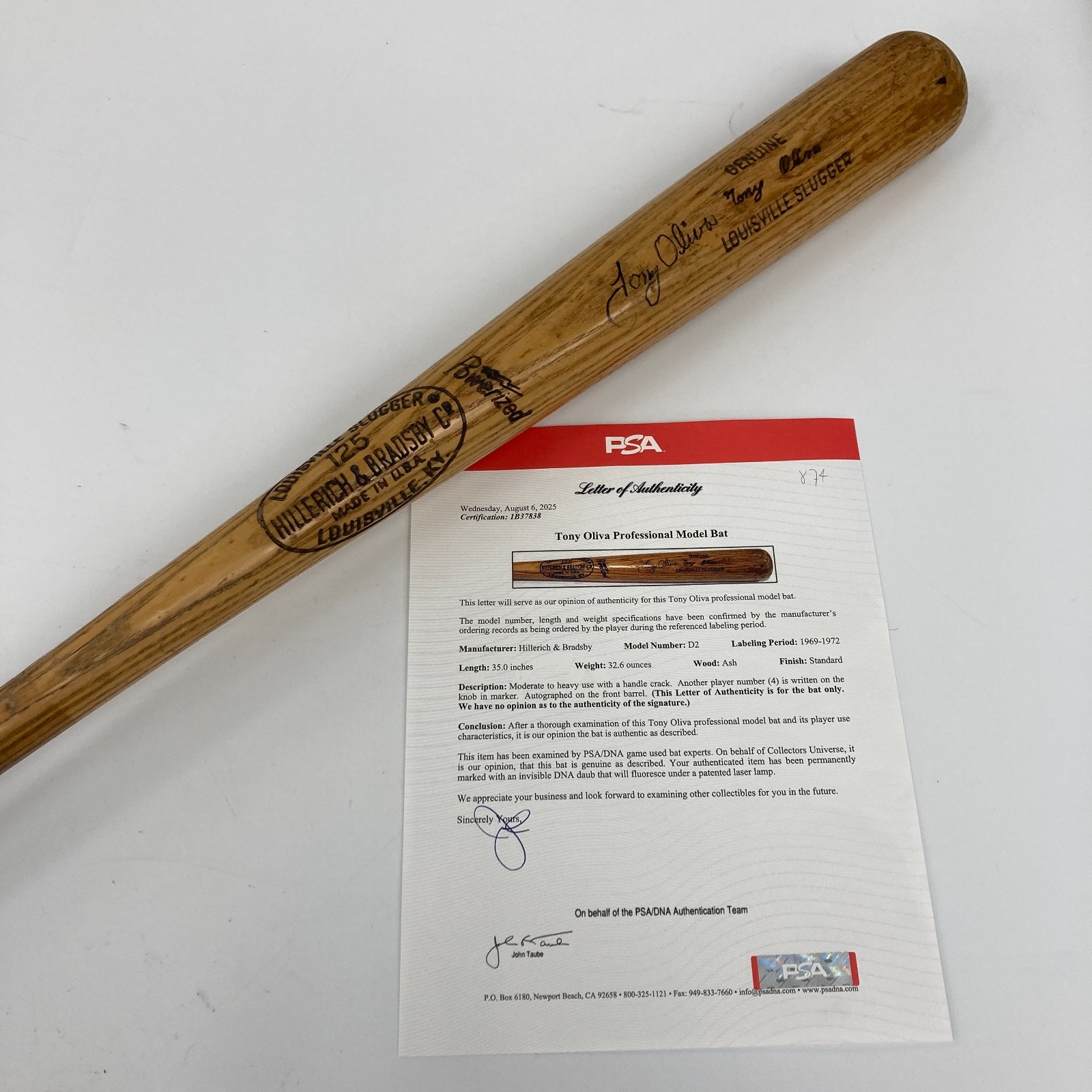 Tony Oliva Signed 1969 Louisville Slugger Game Used Baseball Bat PSA ...