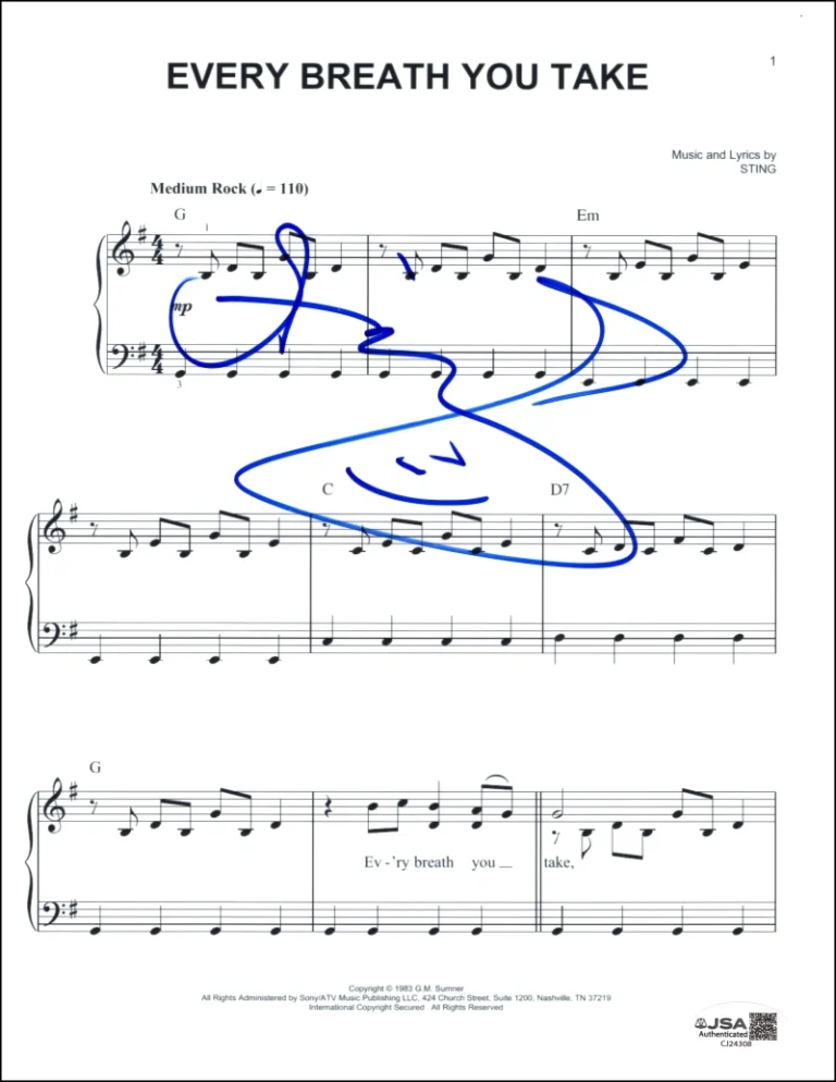 Sting The Police Signed Autograph Every Breath You Take Sheet Music w ...