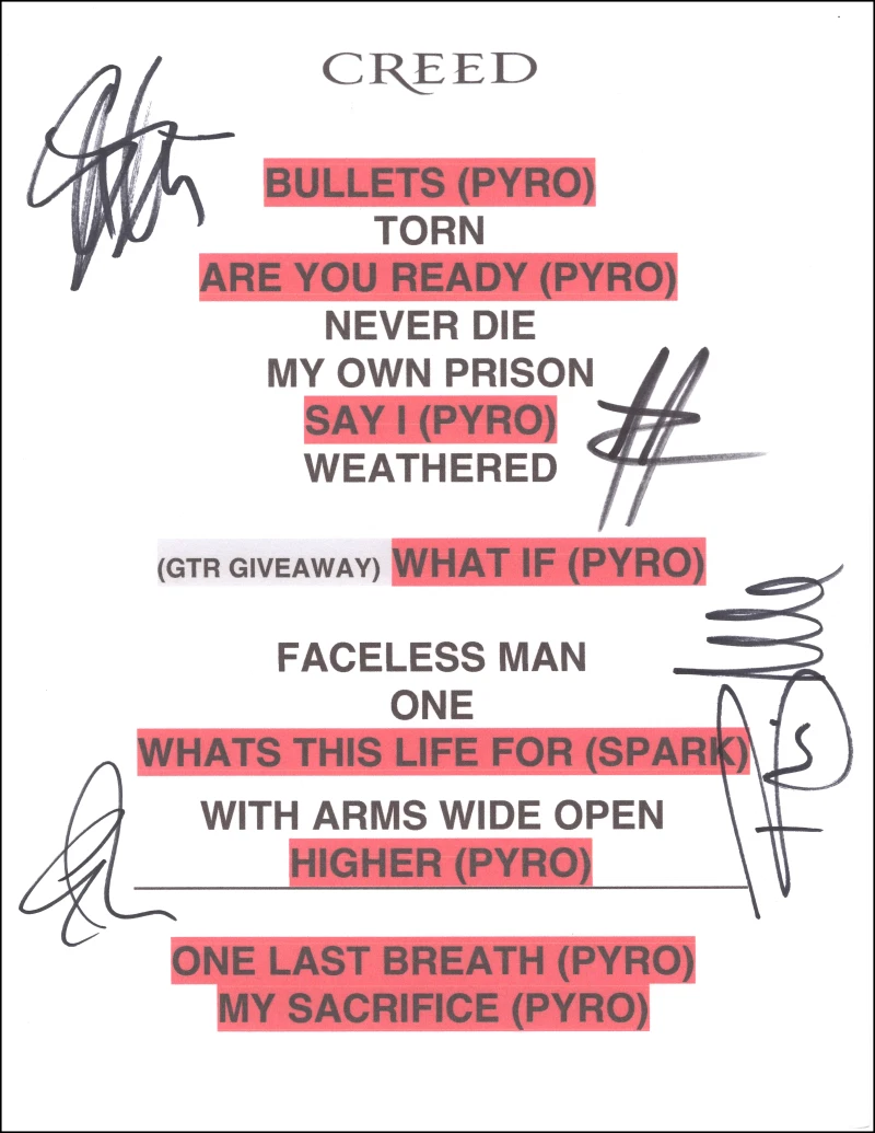Creed Full Band Signed Autograph Souvenir Set List Scott Stapp Scott ...