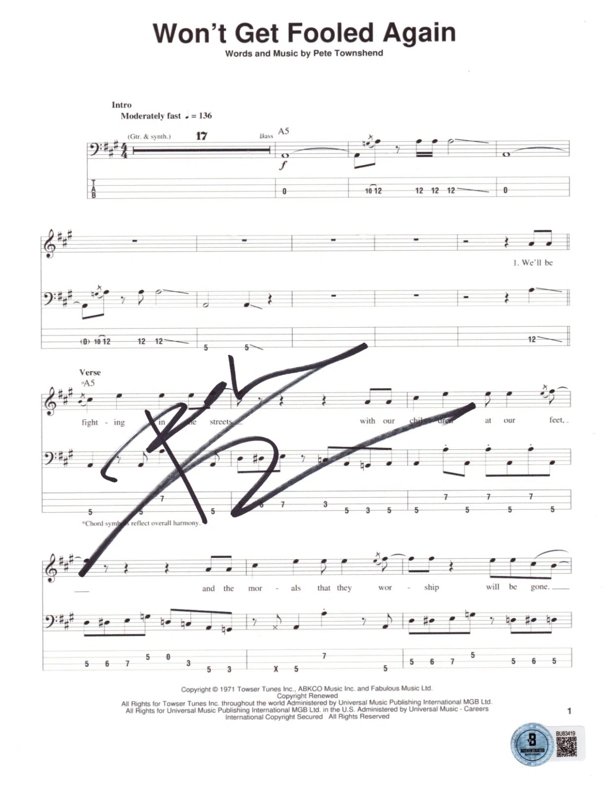 Pete Townshend Signed Won't Get Fooled Again Sheet Music The Who Auto ...