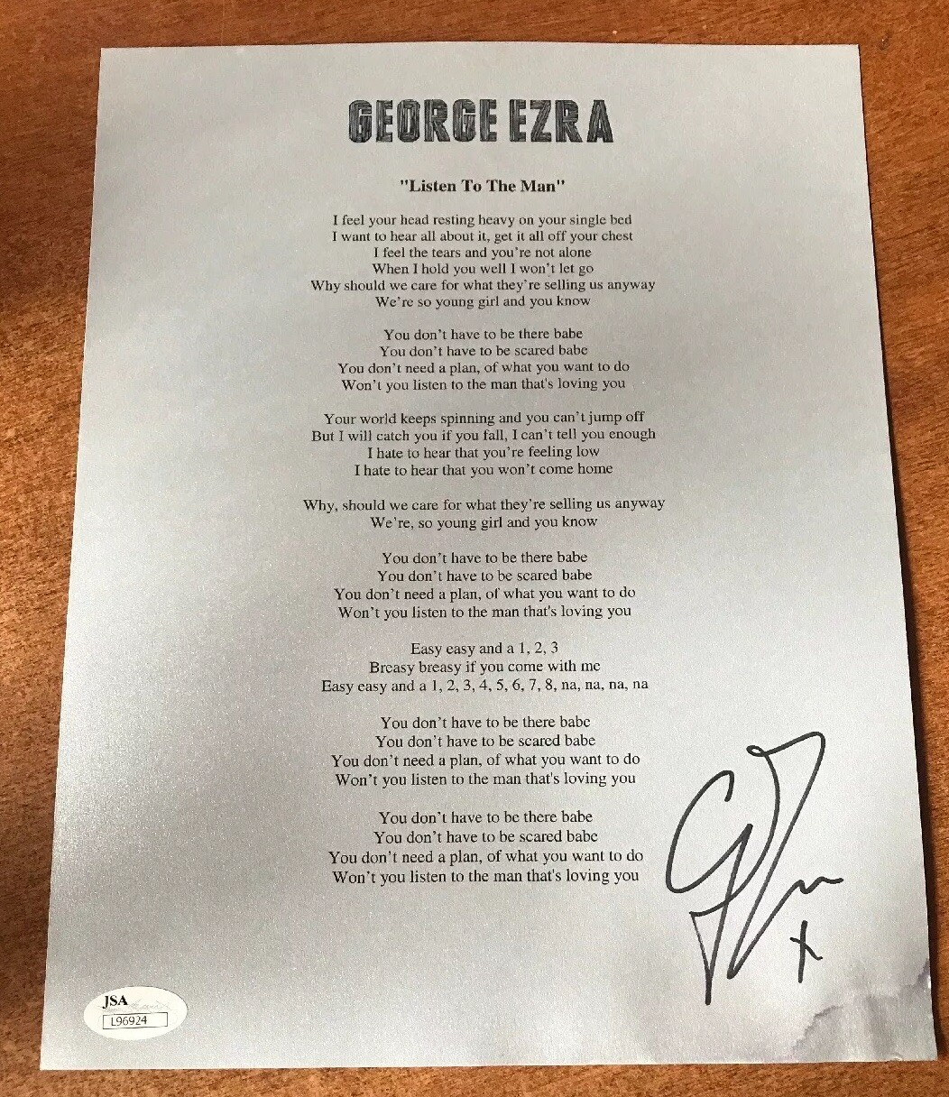GEORGE EZRA SIGNED AUTOGRAPH LISTEN TO THE MAN LYRIC SHEET JSA COA ...