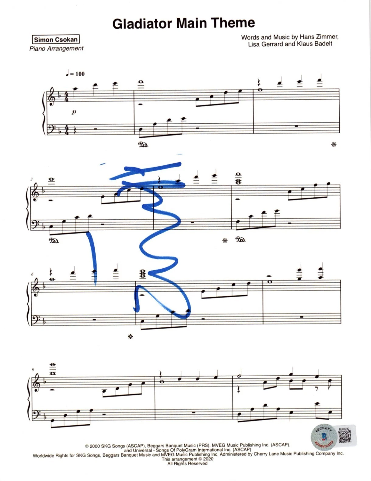 Hans Zimmer Signed Sheet Music Gladiator Main Theme Authentic Autograph ...