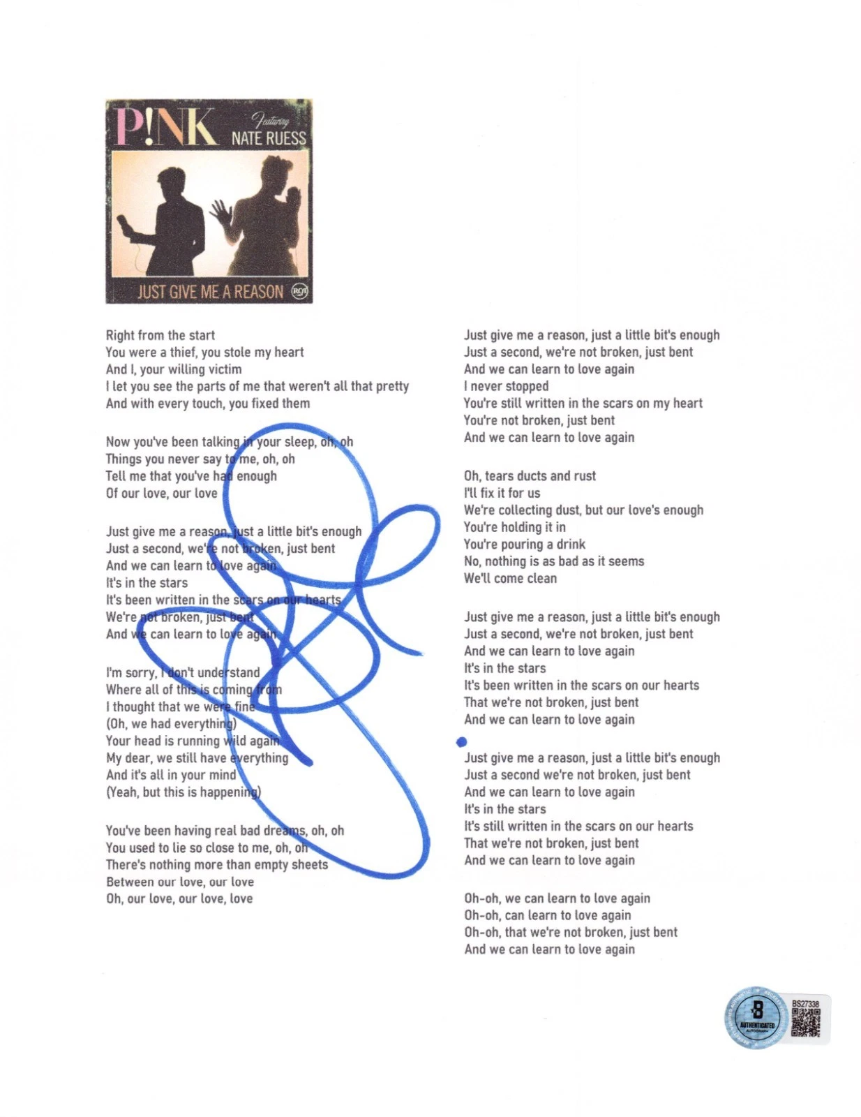 Pink Signed Just Give Me a Reason Sheet Music Authentic Autograph ...