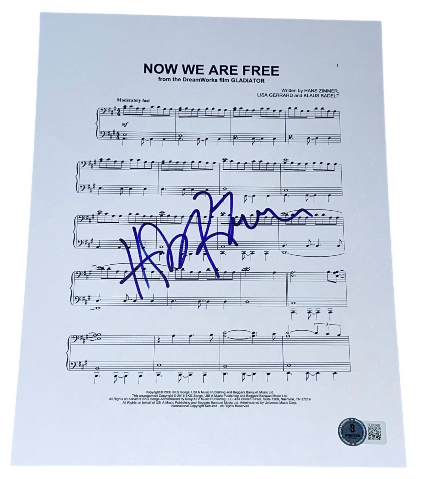 Hans Zimmer Signed Autograph Sheet Music "Now We Are Free" Gladiator ...