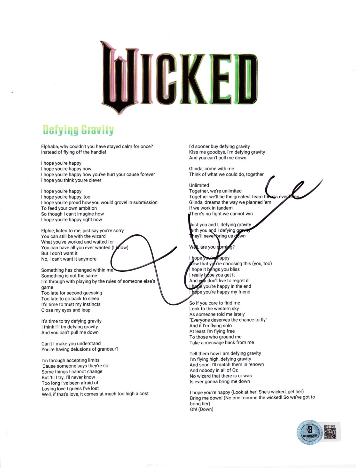 Idina Menzel Signed Wicked Defying Gravity Sheet Music Elphaba Autograph Beckett | Autographia