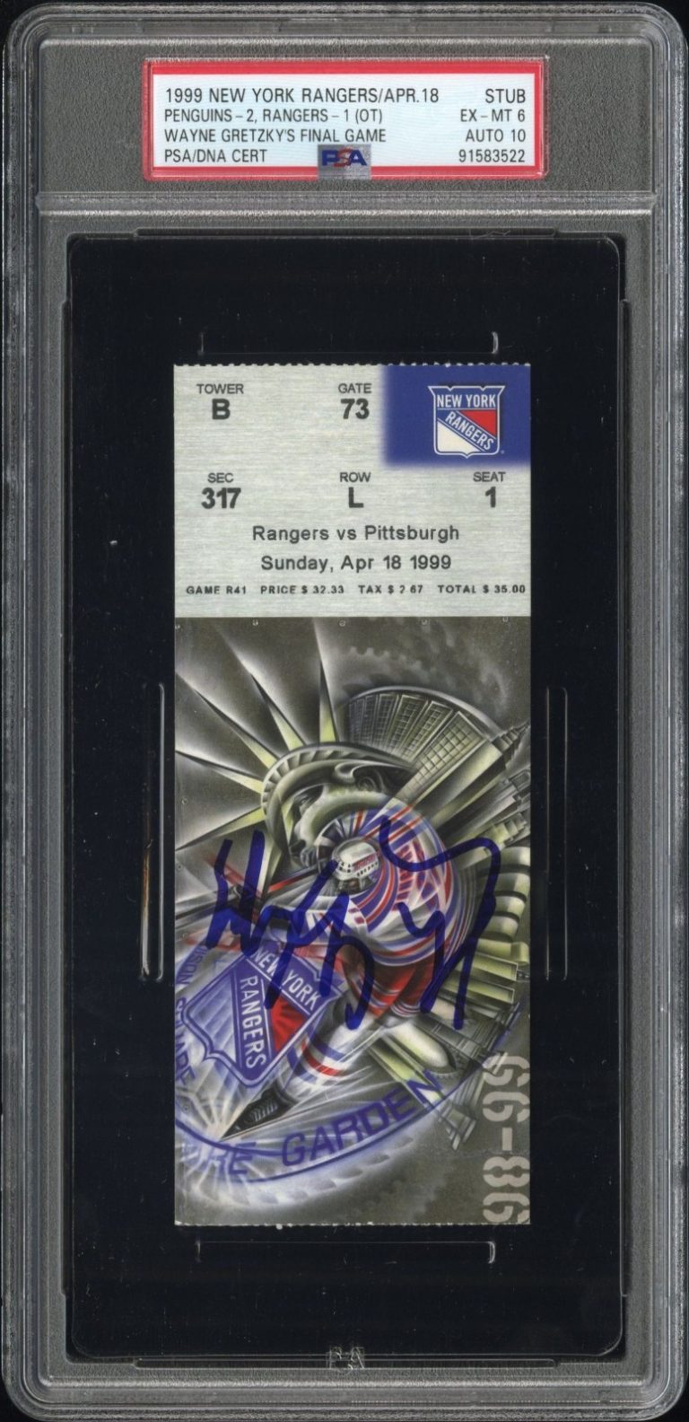 WAYNE GRETZKY SIGNED NEW YORK RANGERS FINAL GAME TICKET STUB PSA/DNA ...