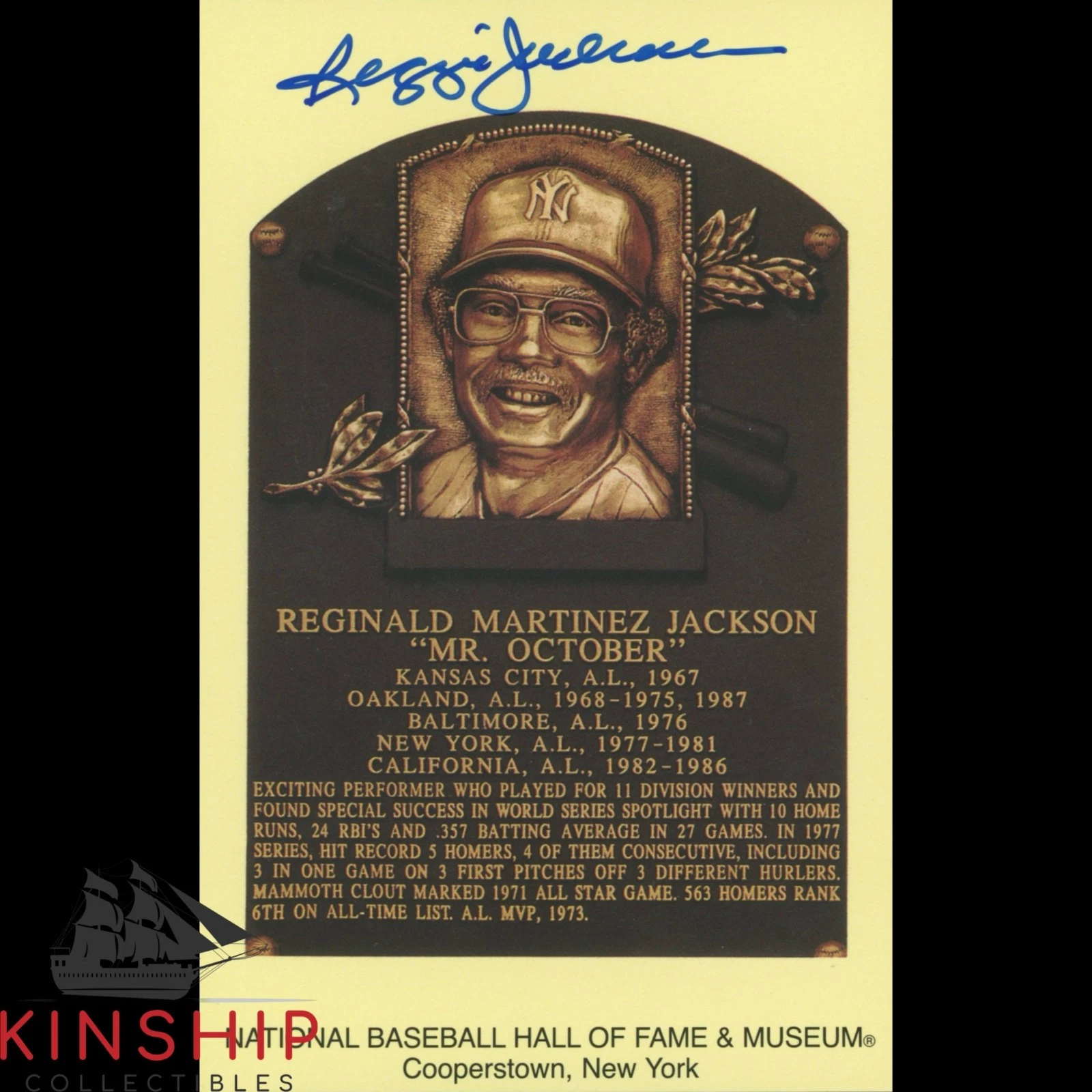 Reggie Jackson signed HOF Plaque Postcard JSA COA Hall of Fame Auto ...