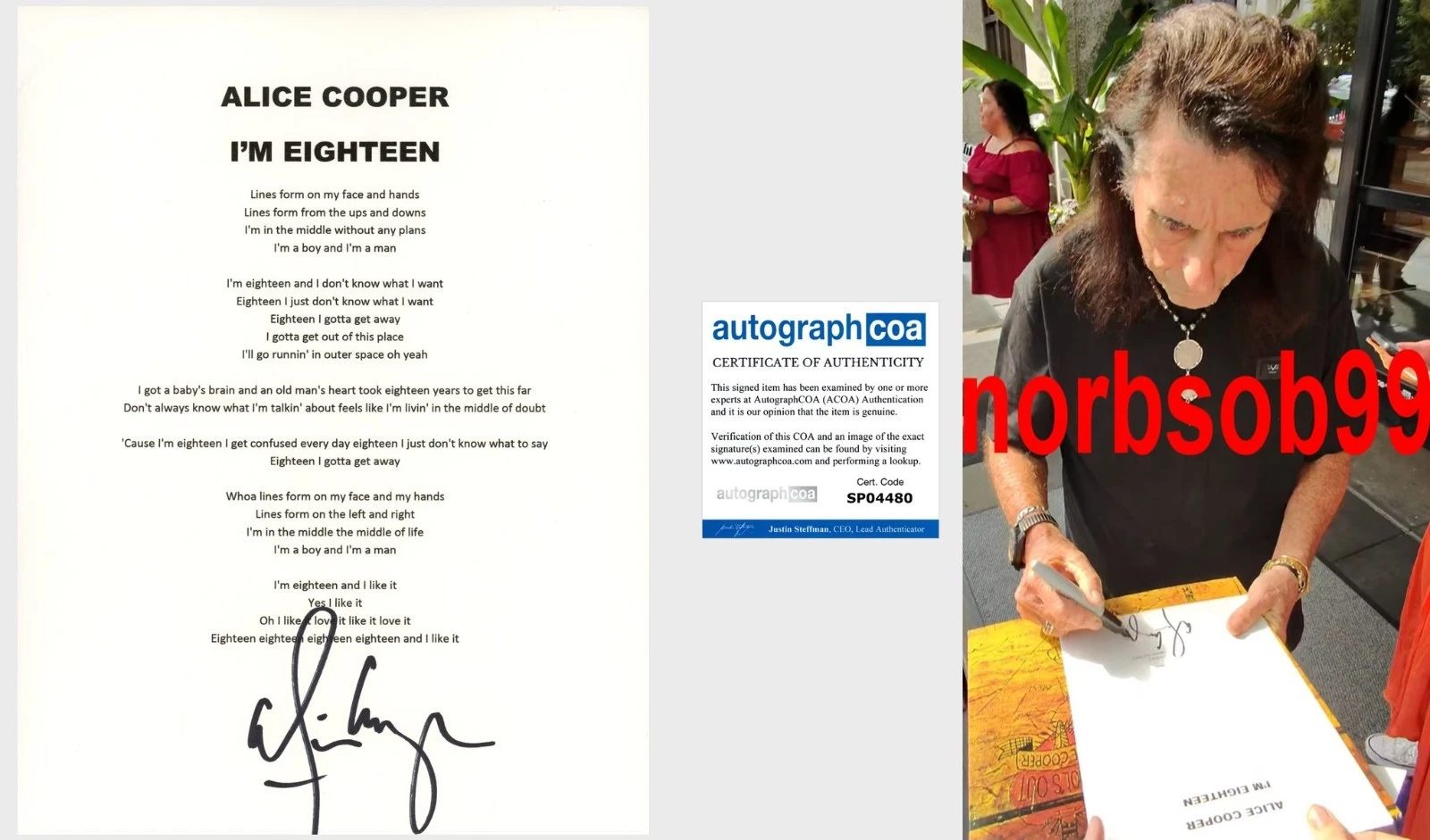 ALICE COOPER SIGNED I'M EIGHTEEN LYRIC SHEET w/EXACT PROOF & AUTOGRAPH ...