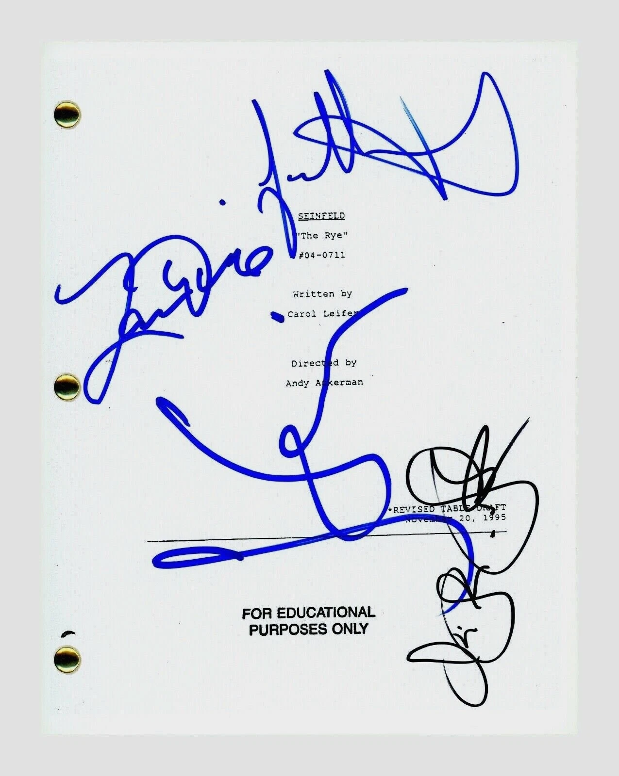 Seinfeld Cast Signed The Rye Script x4 Jerry Larry David Julia Jason ...