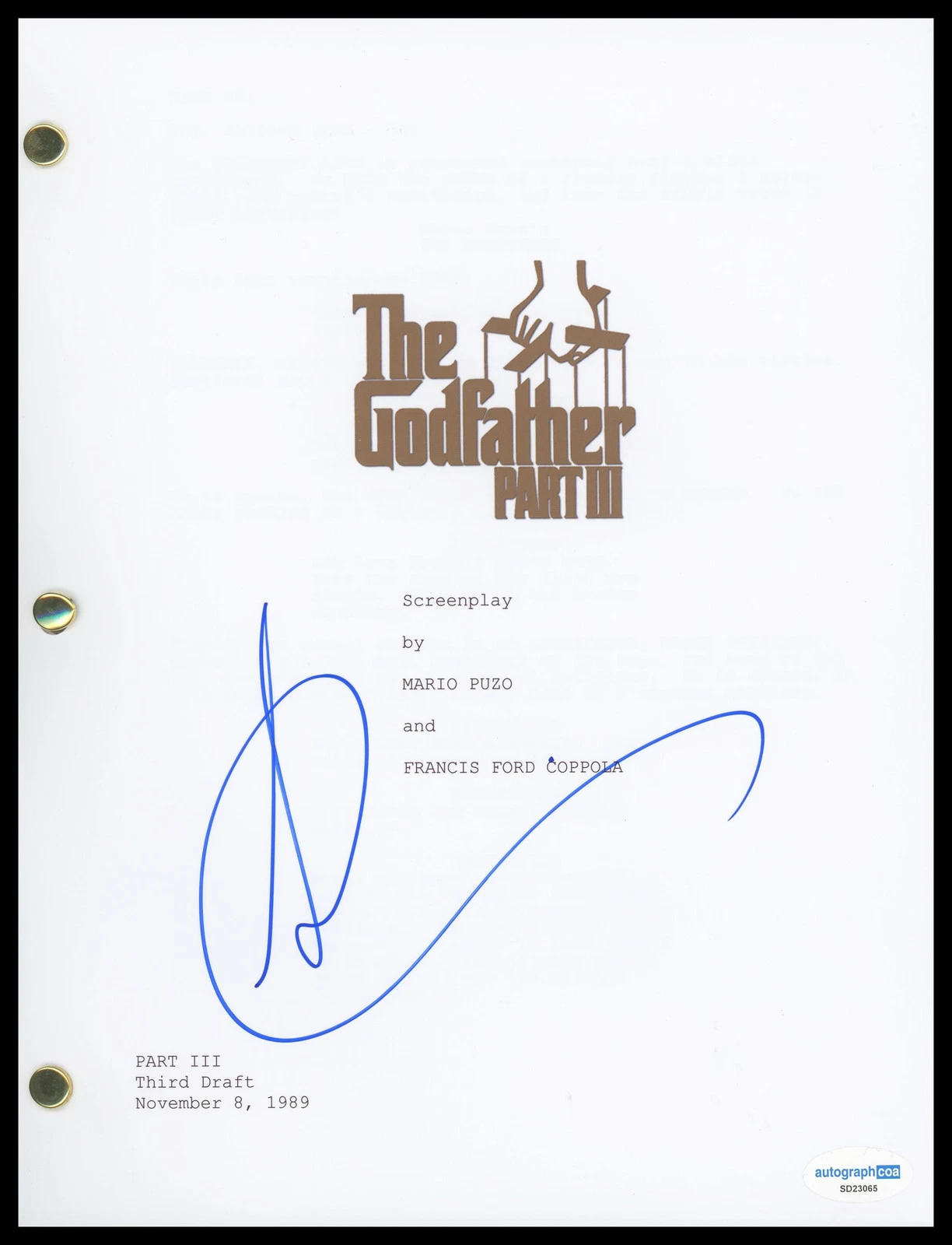 Andy Garcia "The Godfather Part III" AUTOGRAPH Signed Script Screenplay ...