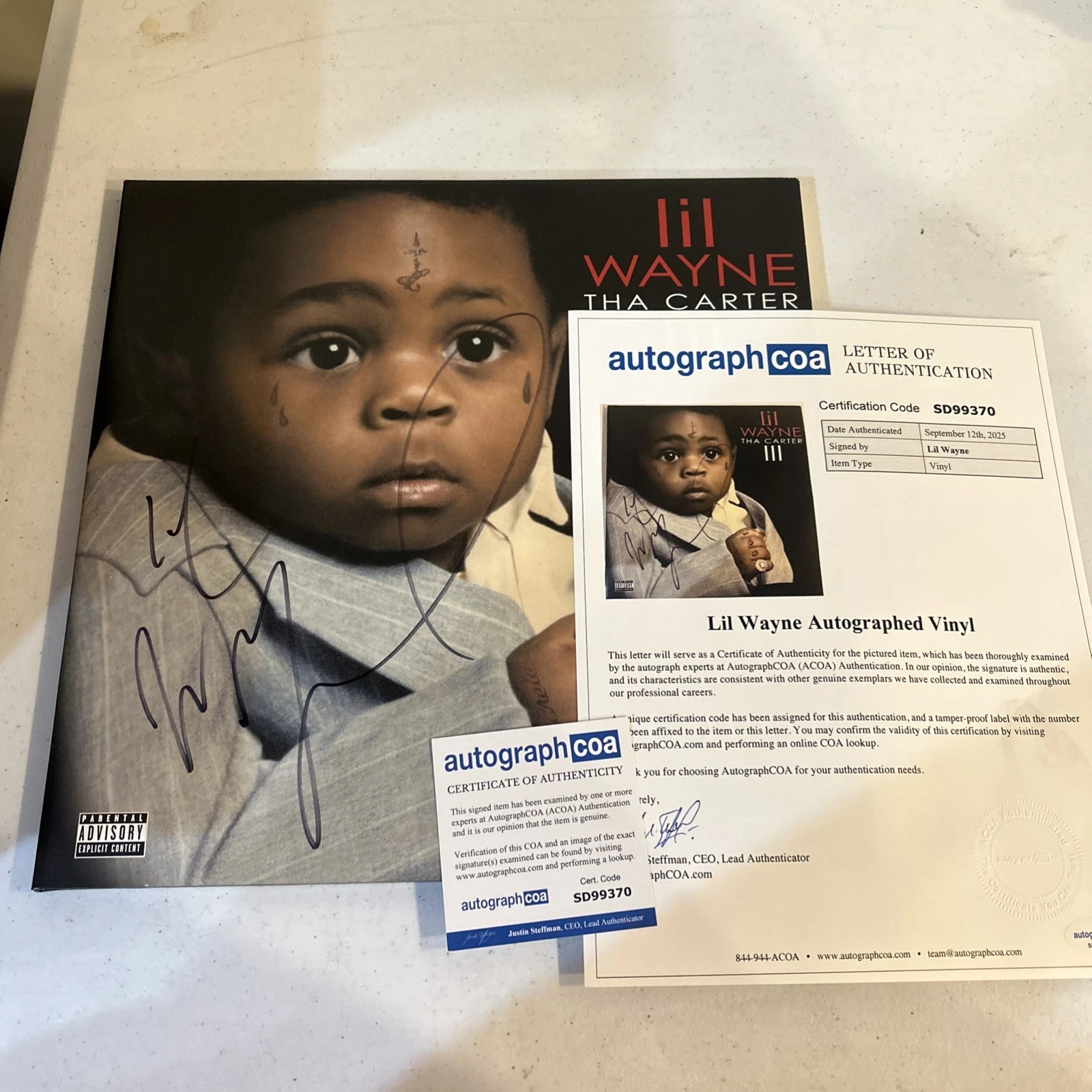 LIL WAYNE SIGNED AUTOGRAPH THA CARTER III VINYL ALBUM ACOA LETTER COA ...