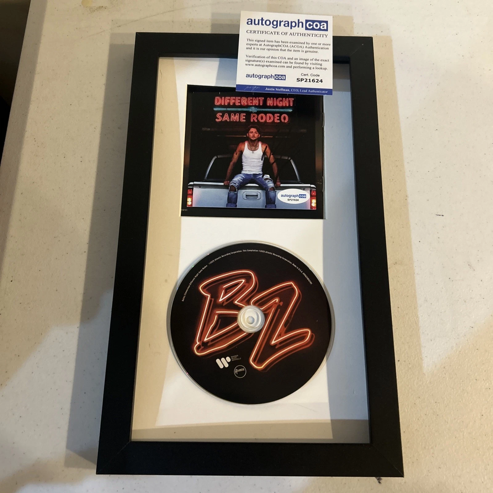 BAILEY ZIMMERMAN SIGNED AUTOGRAPH FRAMED CD ACOA DIFFERENT NIGHT SAME ...