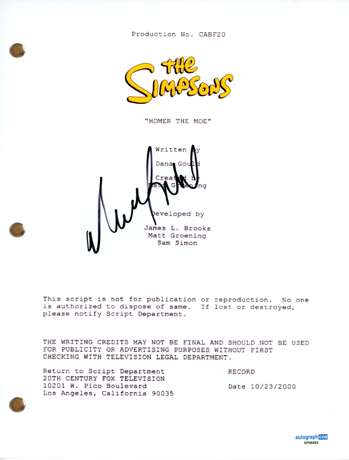 Dana Gould "The Simpsons" Signed Autograph 'Homer The Moe" Script ...