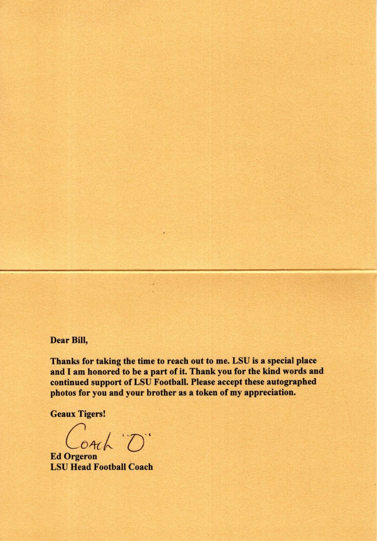 ED ORGERON HAND SIGNED LSU NOTECARD+COA LSU FOOTBALL COACH O TO BILL ...