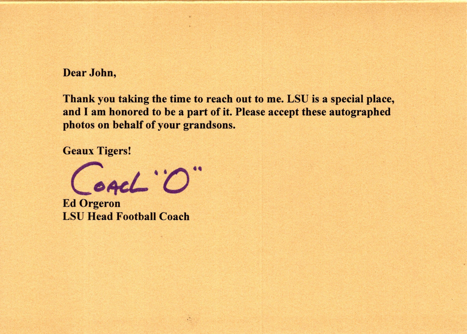 ED ORGERON HAND SIGNED LSU NOTECARD+COA LSU FOOTBALL COACH O TO JOHN ...