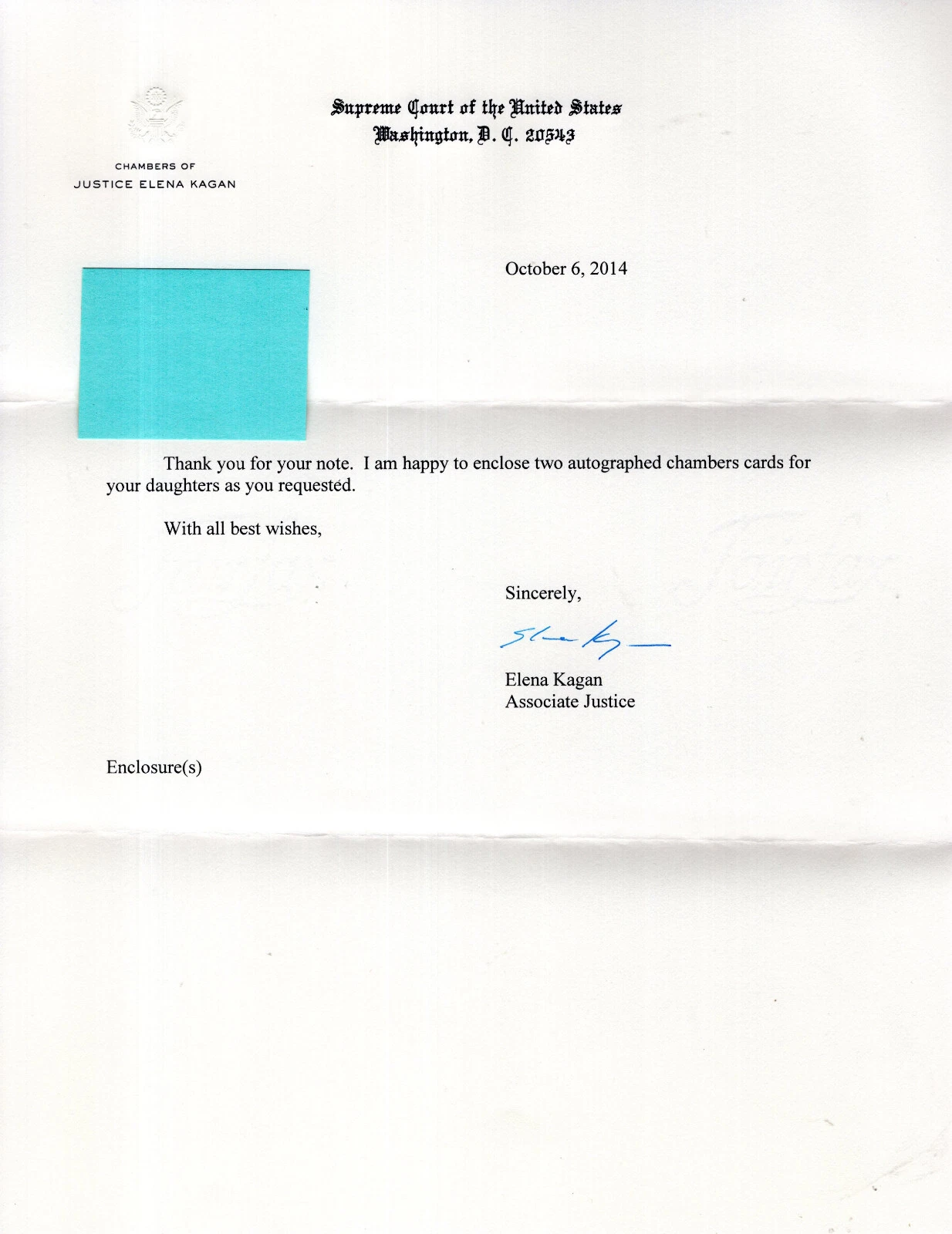 ELENA KAGAN HAND SIGNED LETTER ON SUPREME COURT LETTERHEAD SC JUSTICE ...