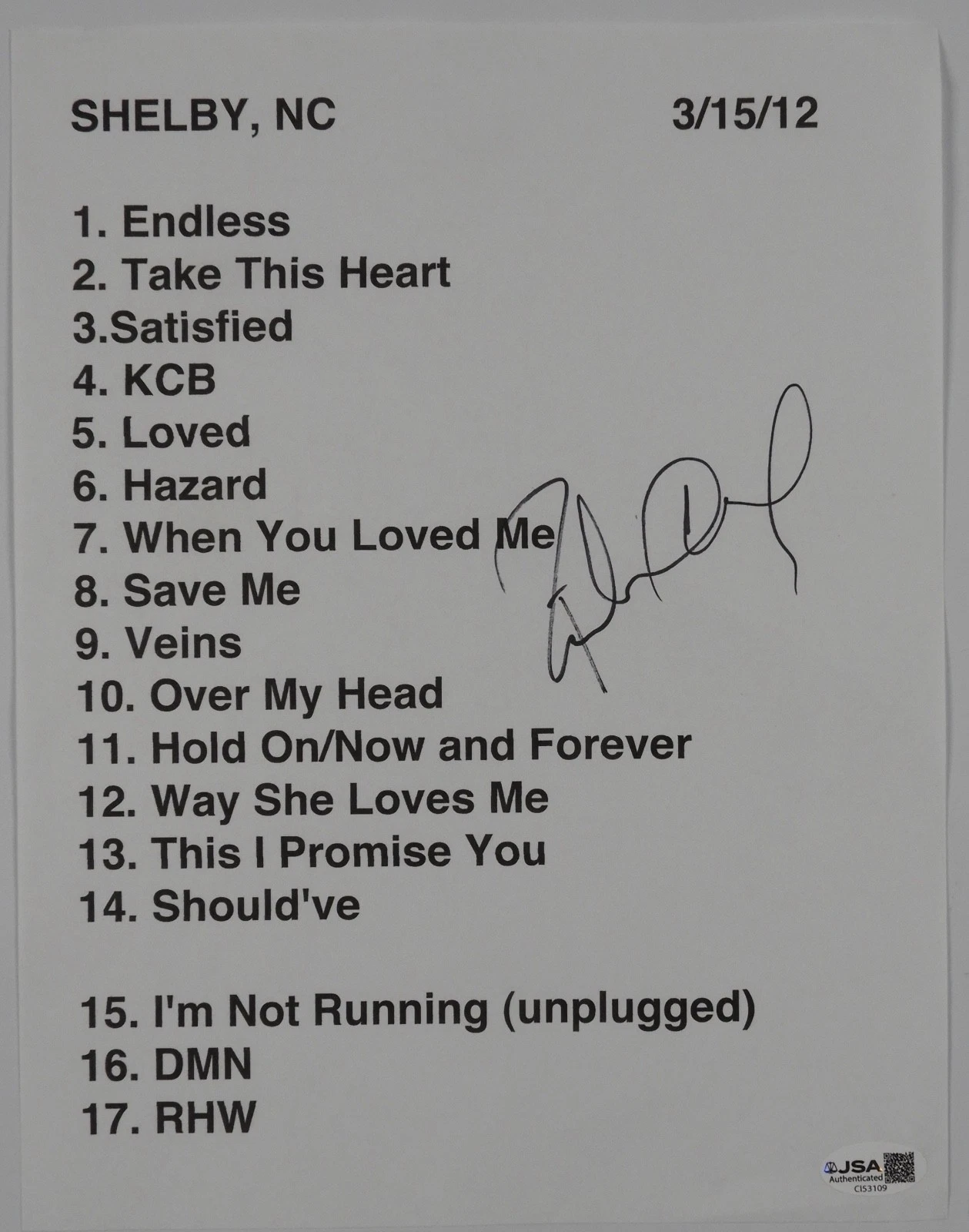 Richard Marx JSA Autograph Signed Set List 3/15/12 Shelby NC | Autographia