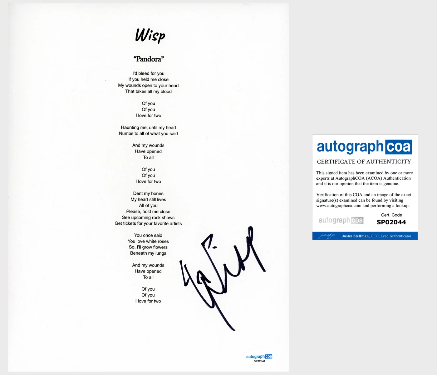 'Wisp' Signed Lyric Sheet 'Pandora' Natalie Lu ACOA | Autographia