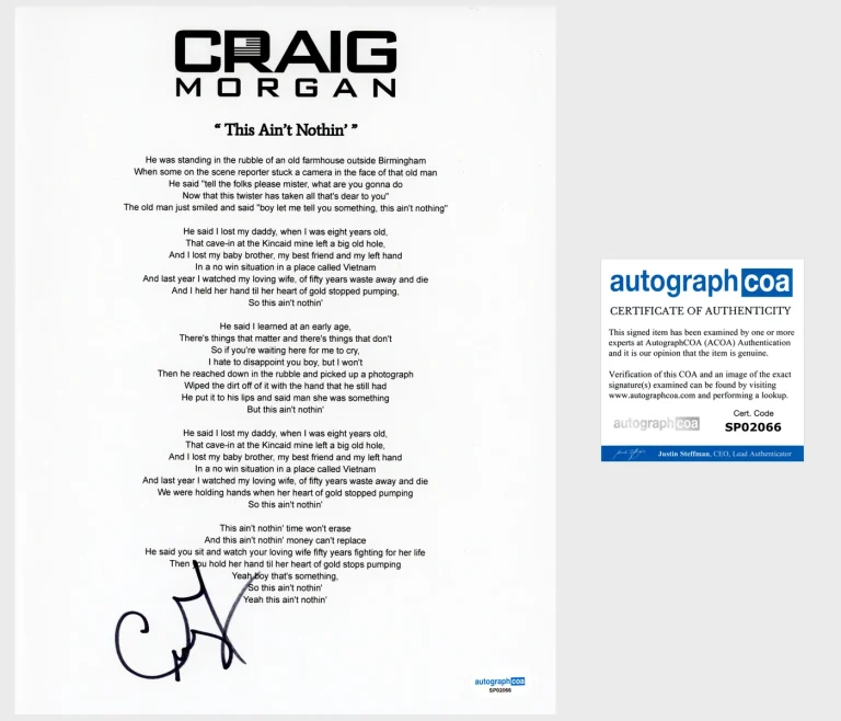 'Craig Morgan' Signed Lyric Sheet 'This Ain't Nothin' ACOA Country ...