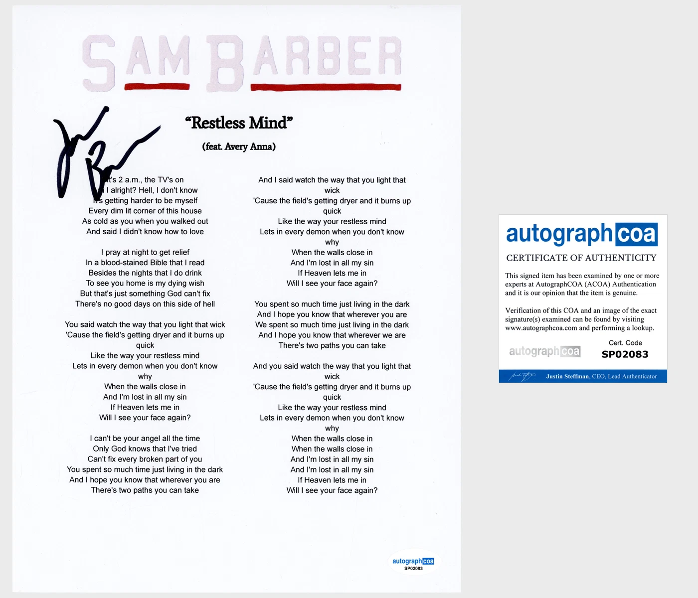 Sam Barber Signed Lyric Sheet 'Restless Mind' ACOA Country Music ...