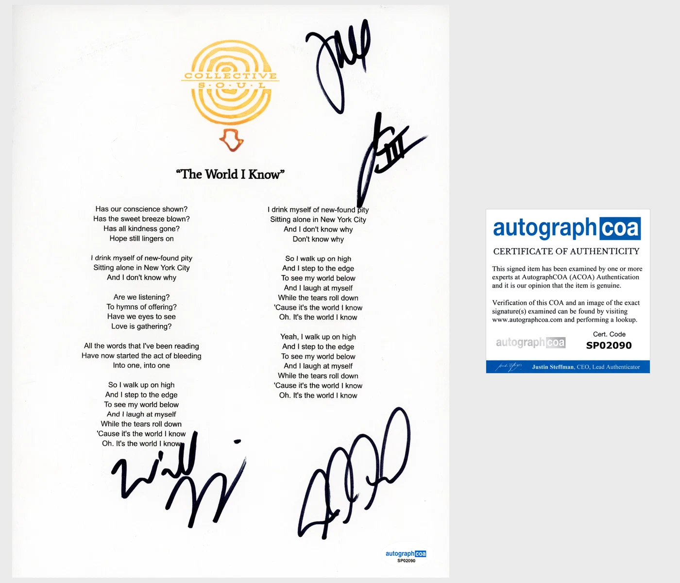 ‘Collective Soul’ Band Signed Lyric Sheet 'The World I Know' +4 ACOA ...
