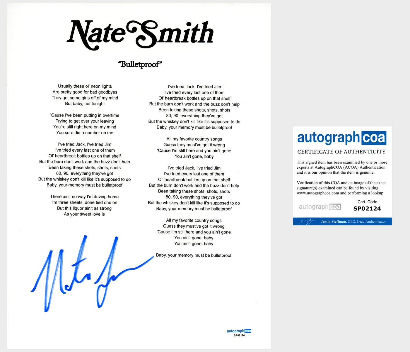 ‘Nate Smith’ Country Singer Signed ‘Bulletproof’ Lyric Sheet Autograph ...