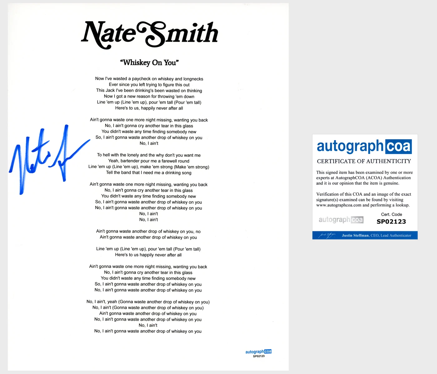‘Nate Smith’ Country Singer Signed ‘Whiskey On You’ Lyric Sheet ...