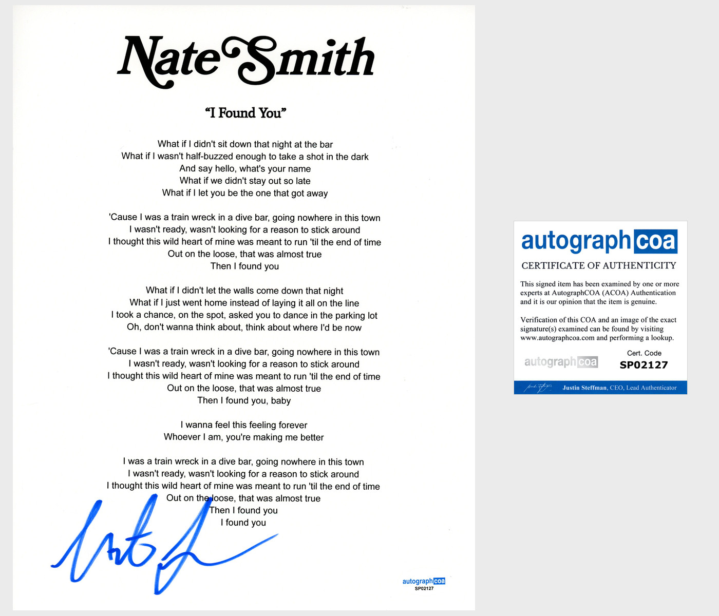 ‘Nate Smith’ Country Singer Signed ‘I Found You’ Lyric Sheet Autograph ...