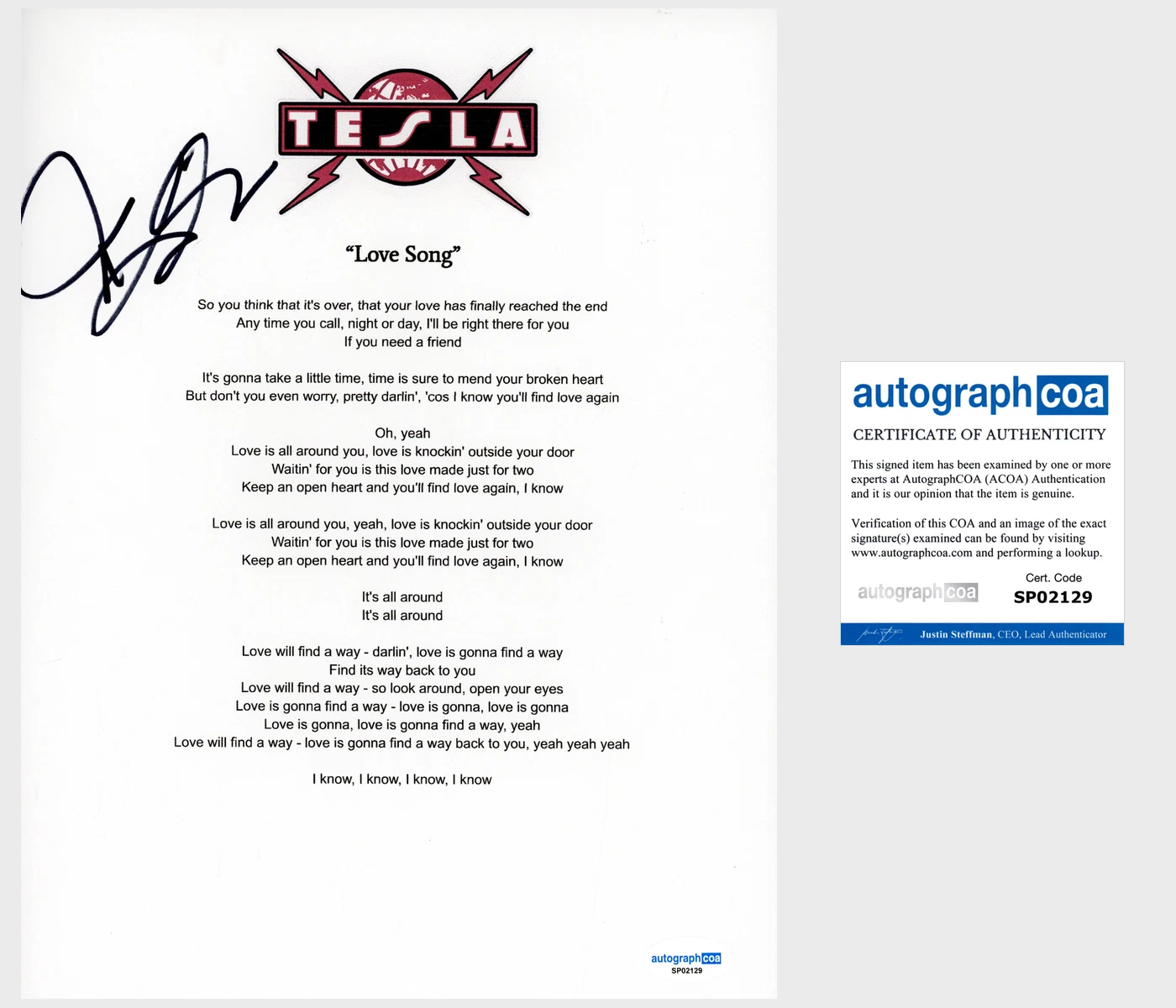 Jeff Keith 'Tesla' Band Signed 'Love Song' Lyric Sheet ACOA Lead Singer ...