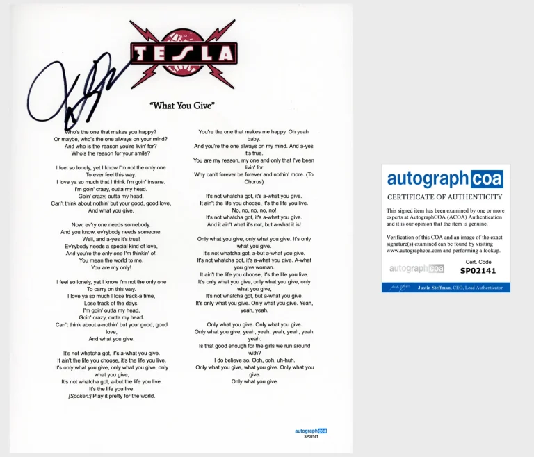 Jeff Keith 'Tesla' Band Signed 'What You Give' Lyric Sheet ACOA Lead ...