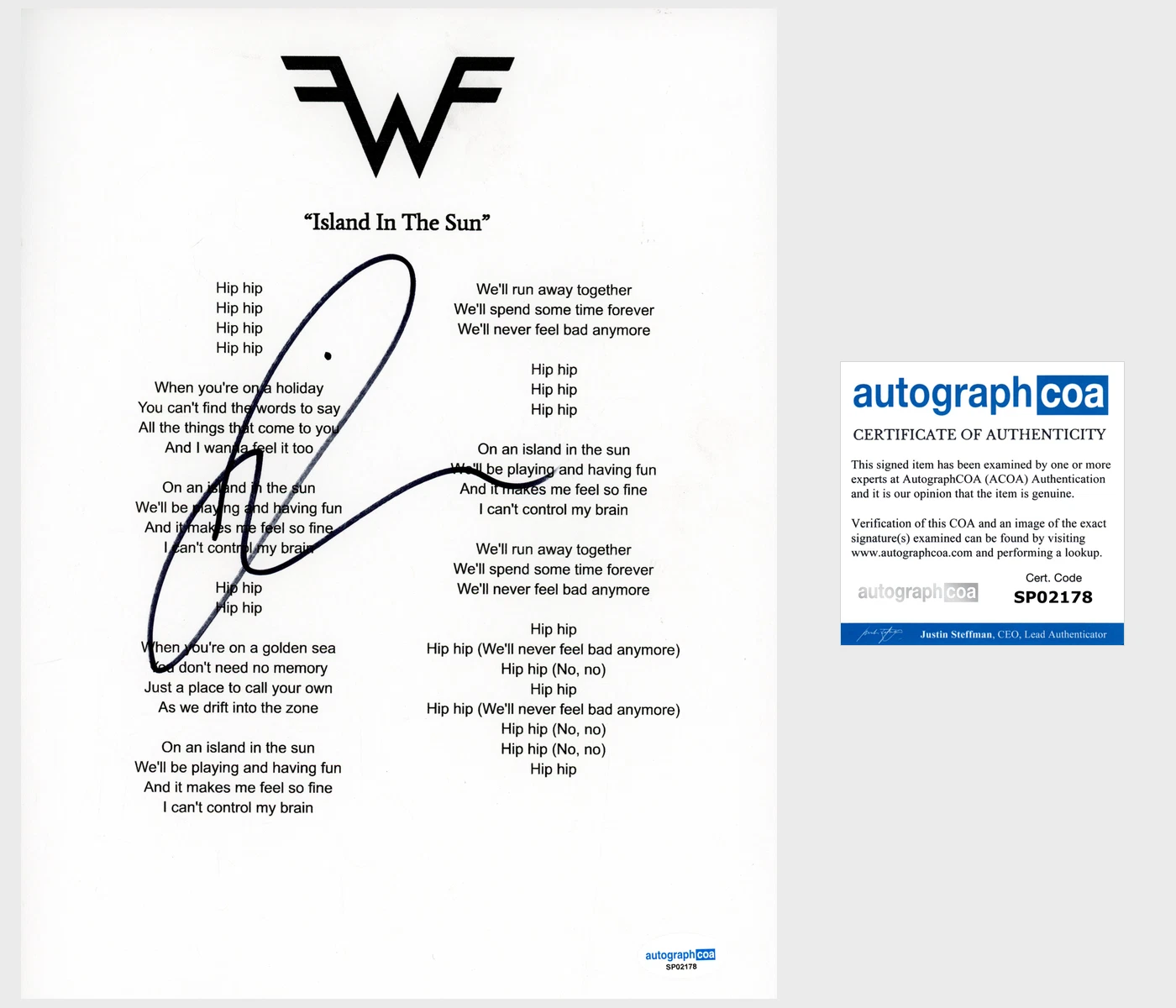 Rivers Cuomo ‘Weezer’ Band Signed Lyric Sheet 'Island In The Sun' ACOA ...