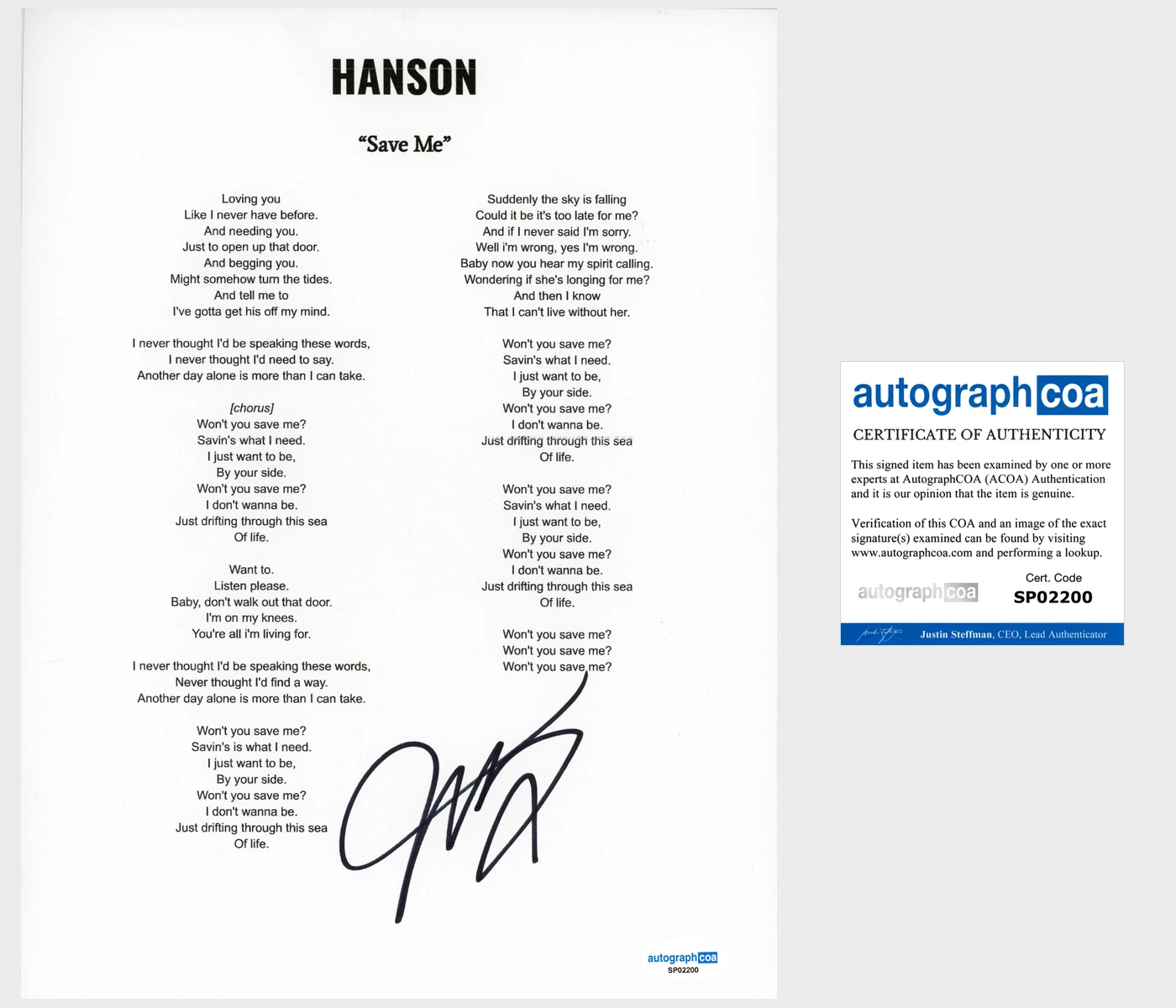 Taylor Hanson ‘Hanson’ Band Signed Lyric Sheet 'Save Me' ACOA | Autographia
