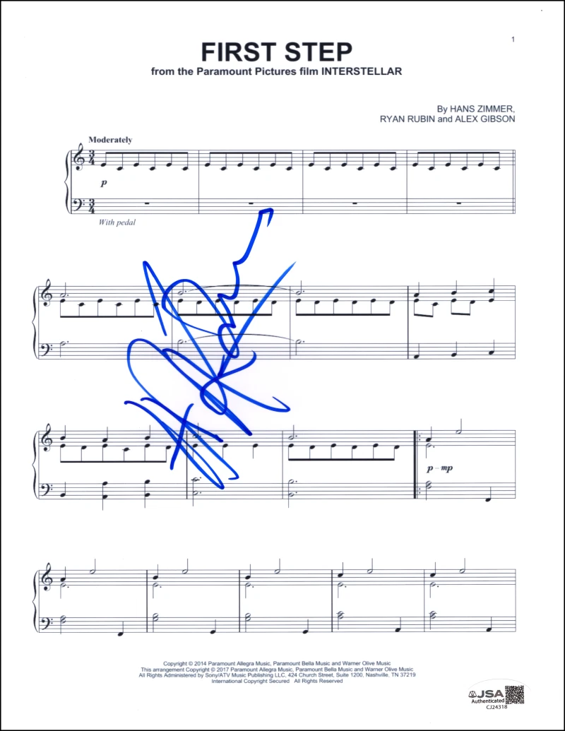 Hans Zimmer Signed Autograph First Step Sheet Music from Interstellar w ...
