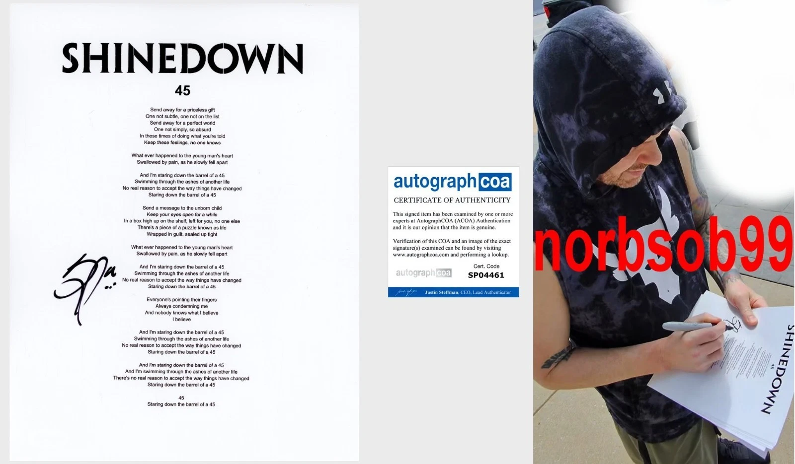 BRENT SMITH SIGNED SHINEDOWN "45" LYRIC SHEET w/EXACT PROOF & AUTOGRAPH ...