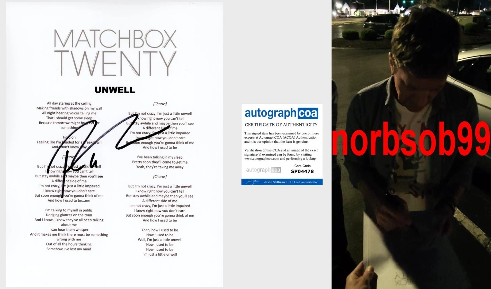 ROB THOMAS SIGNED MATCHBOX 20 TWENTY UNWELL LYRIC SHEET w/EXACT PROOF ...