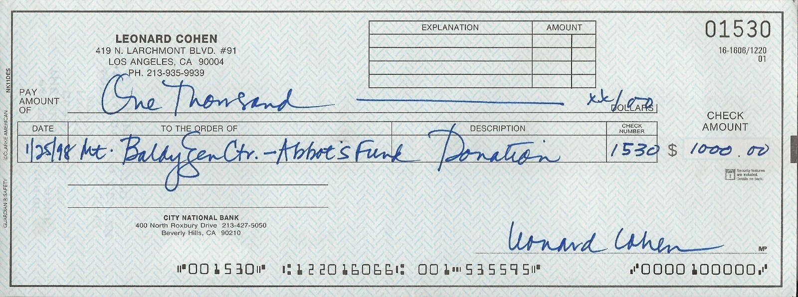 Leonard Cohen composer REAL hand SIGNED Full Size Personal Check #2 JSA ...