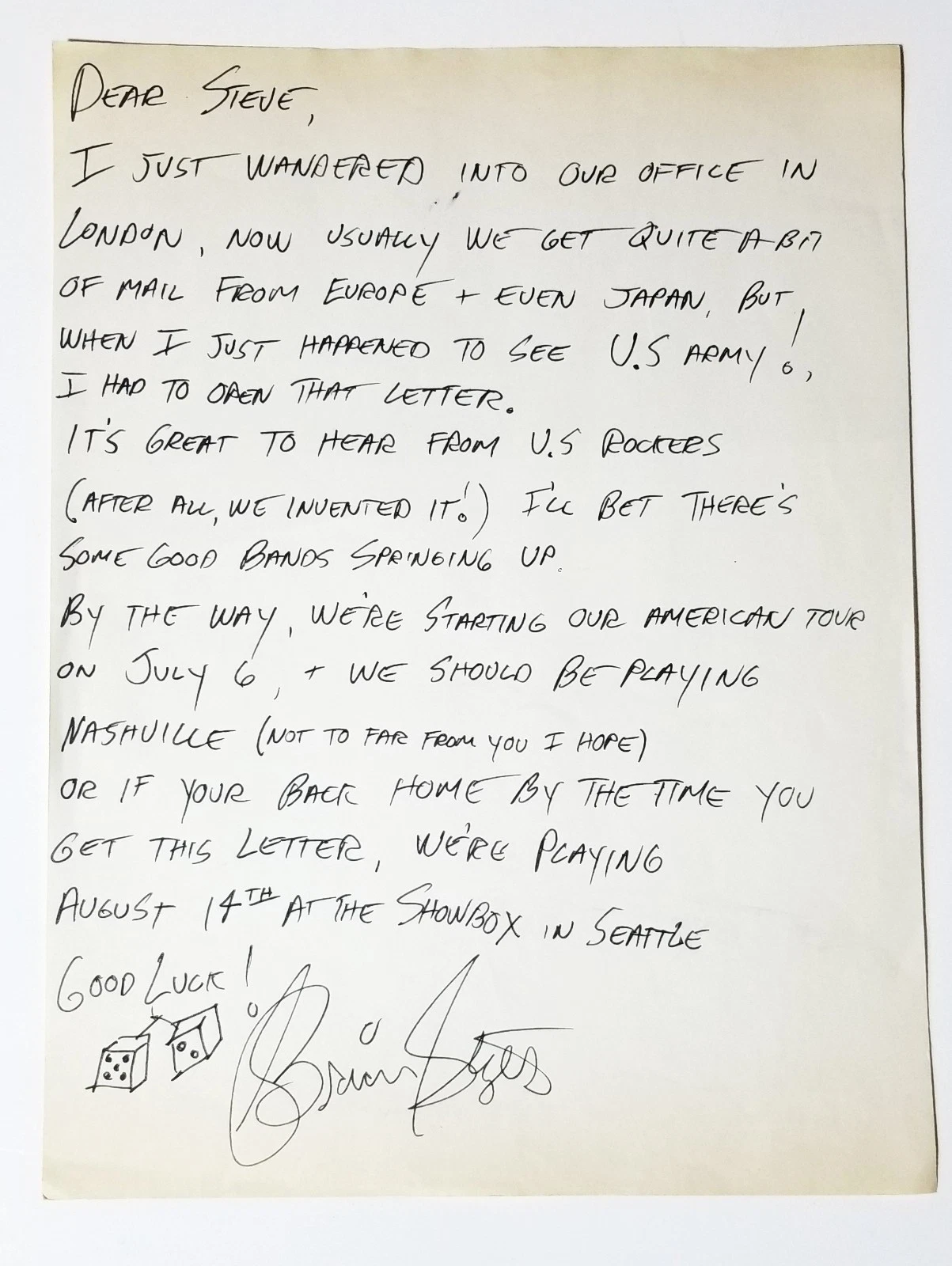 Brian Setzer REAL hand-written & SIGNED Letter JSA COA w/ Sketch ALS ...