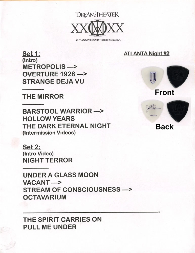 Dream Theater Setlist and Guitar Pick Set - 2025 40th Anniversary Tour ...