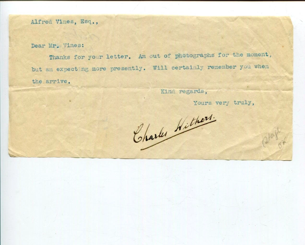 Charles Withers Early Actor Signed Autograph ALS | Autographia