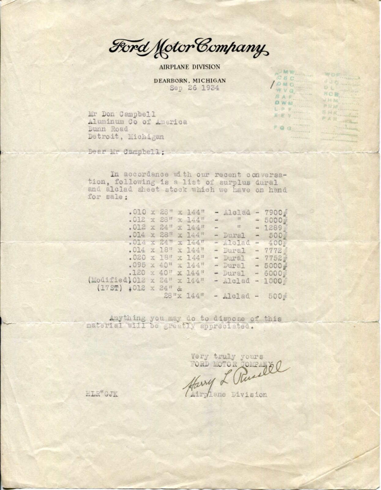 Harry Leland Russell Ford Motor Company Airplane Aviation Pilot Signed ...