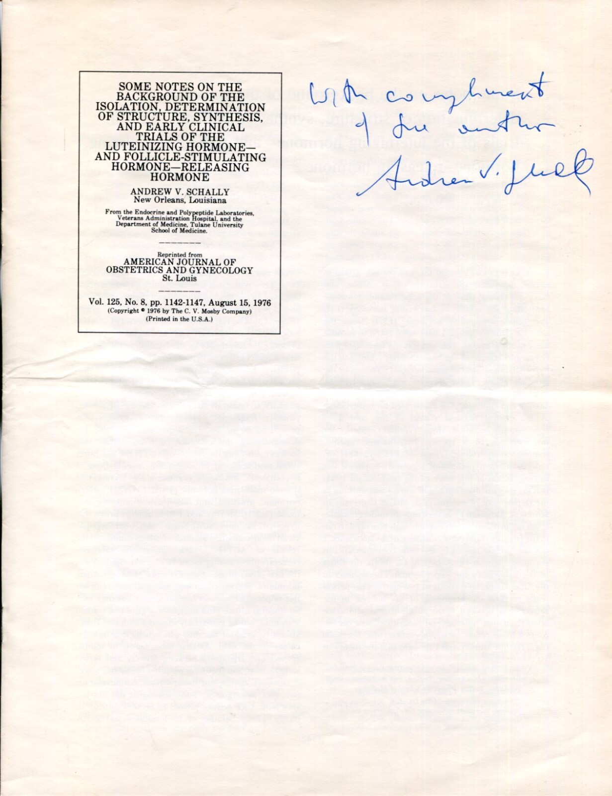 Andrew Schally Nobel Prize Medicine Hypothalamic Hormones Signed ...