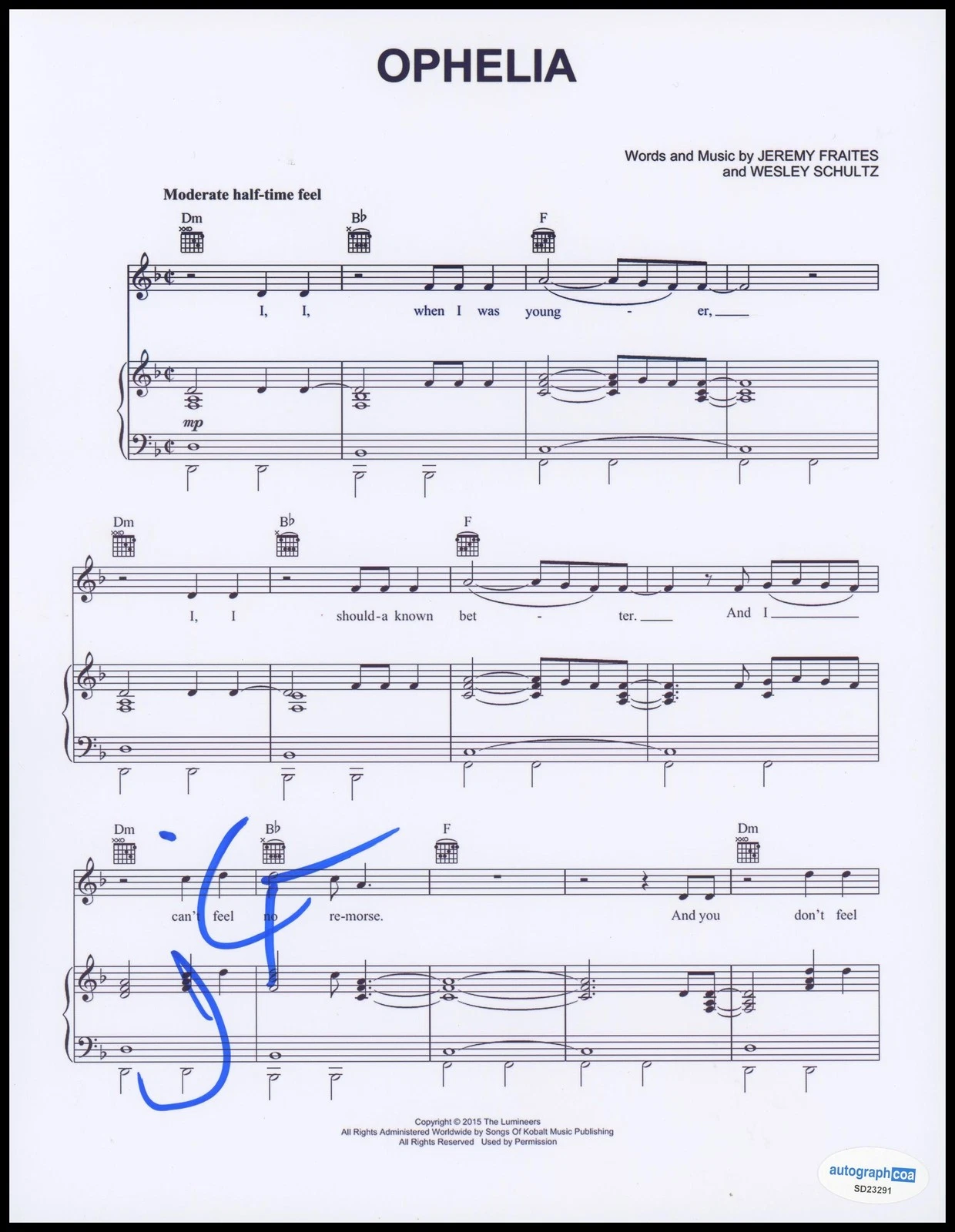 Jeremiah Fraites "The Lumineers" AUTOGRAPH Signed 'Ophelia' Sheet Music ...
