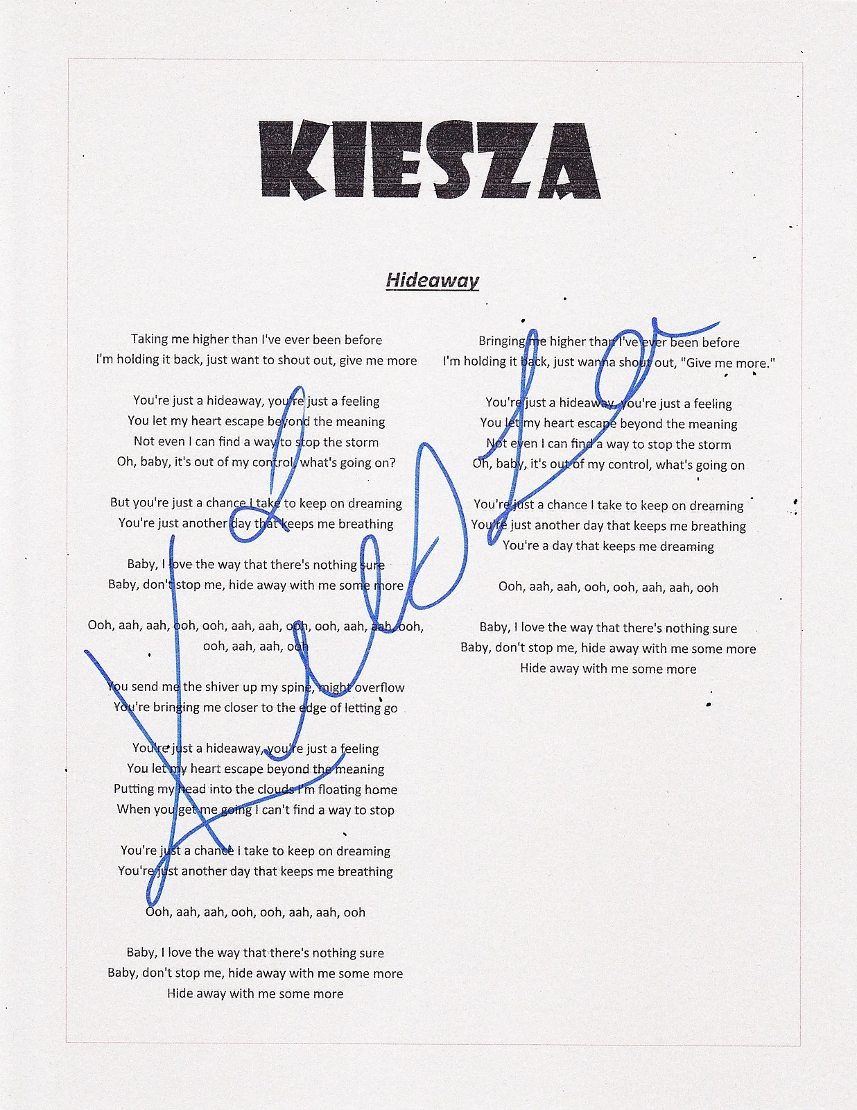 KIESZA KIESA RAE ELLESTAD SIGNED HIDEAWAY LYRIC SHEET | Autographia