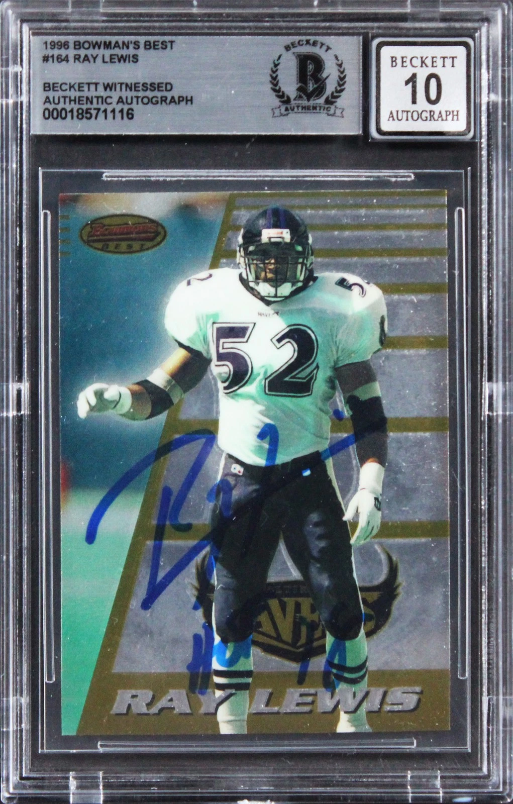 Ravens Ray Lewis "HOF 18"Signed 1996 Bowman's Best #164 RC Card Auto 10 ...