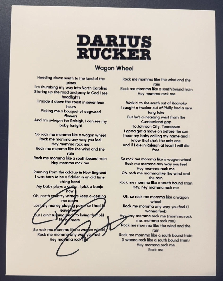 DARIUS RUCKER SIGNED LYRIC SHEET WAGON WHEEL COUNTRY SINGER AUTOGRAPH ...