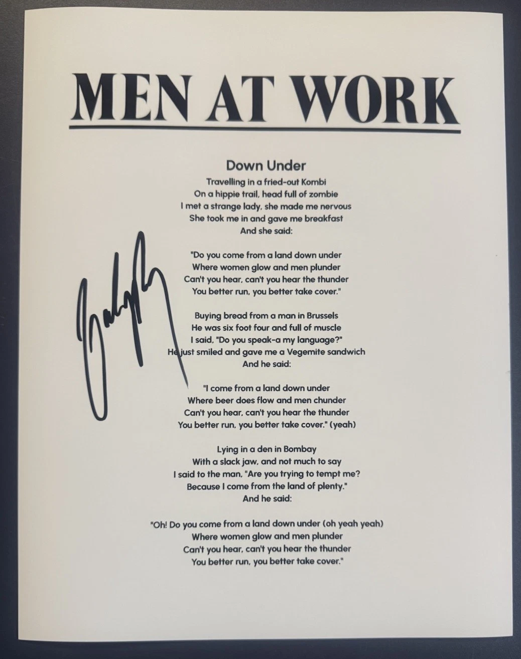 COLIN HAY SIGNED LYRIC SHEET DOWN UNDER MEN AT WORK SINGER AUTOGRAPH ...