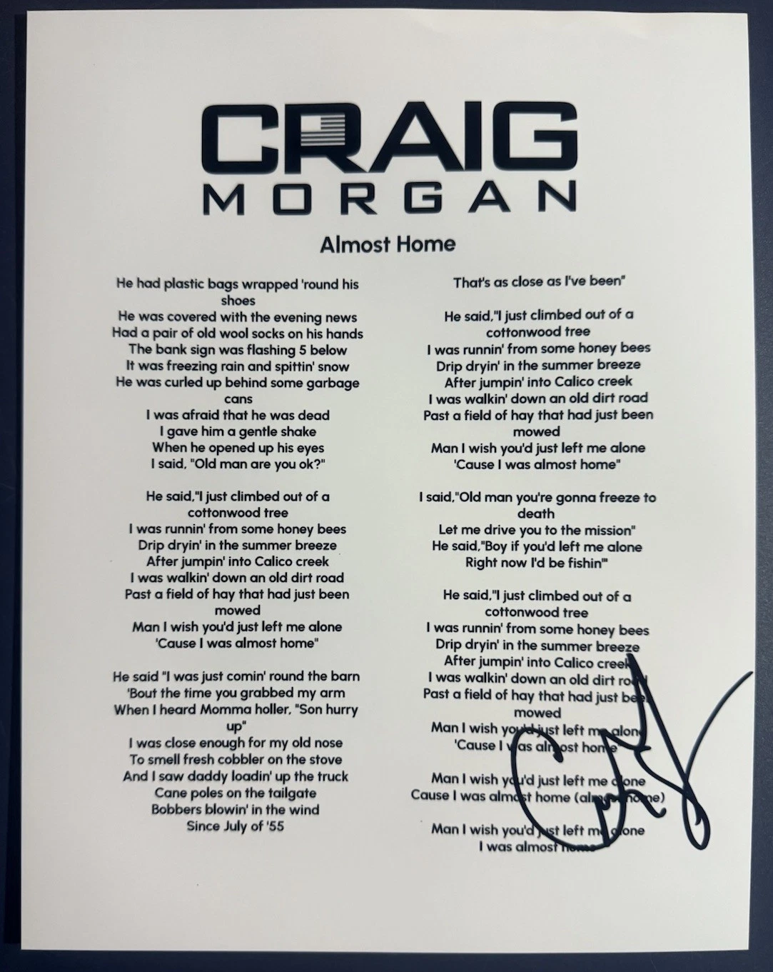 CRAIG MORGAN SIGNED LYRIC SHEET ALMOST HOME AUTOGRAPH COUNTRY COA ...